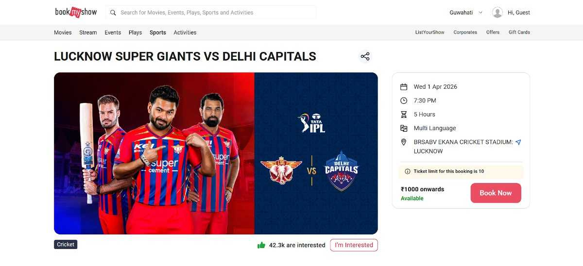 LSG vs DC IPL 2026 Match 5 Tickets: Prices & Booking Guide